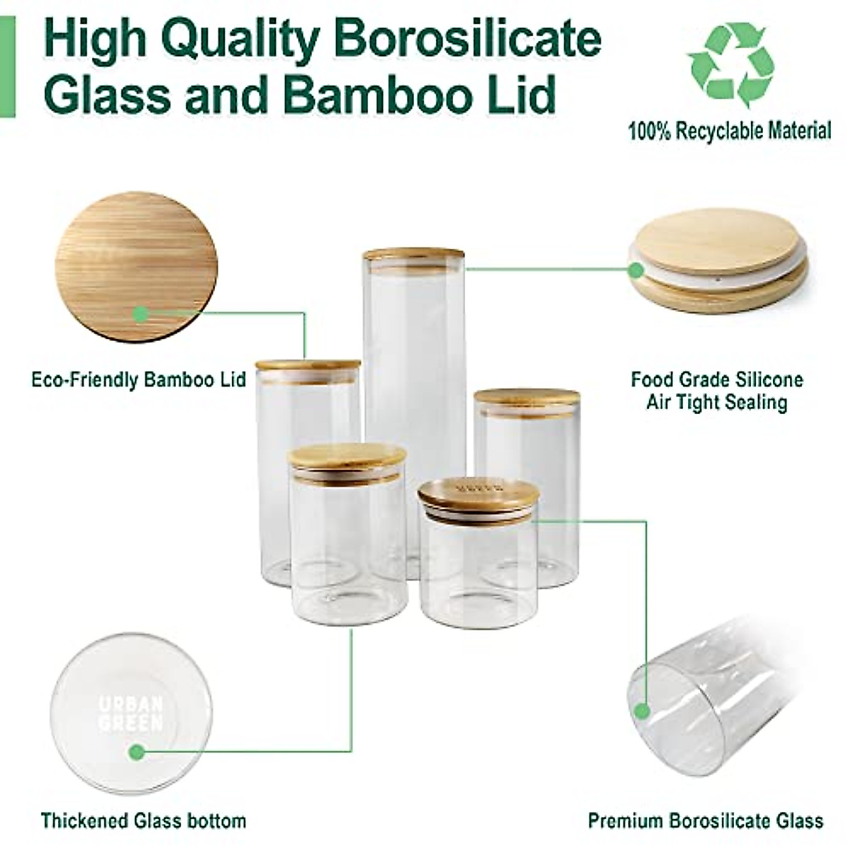 Urban Green Glass Jar with Bamboo Lids, Glass Airtight food Storage Containers, Glass Canister set, Spice Jar, Glass storage containers with lids, Pantry Organization and Storage set of 5