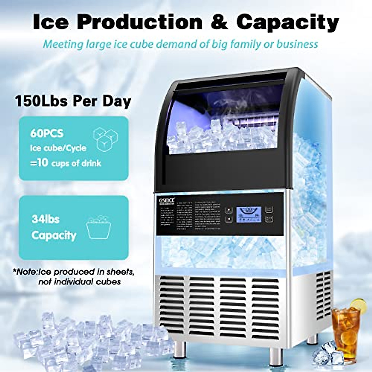 GSEICE Commercial Ice Maker Machine,150lbs/24H with 34lbs Ice Storage Capacity, 20” Air Cooled Freestanding Ice Machine, Automatic Operation Self Clean Ice Cube Maker for Home Office Bar Restaurant