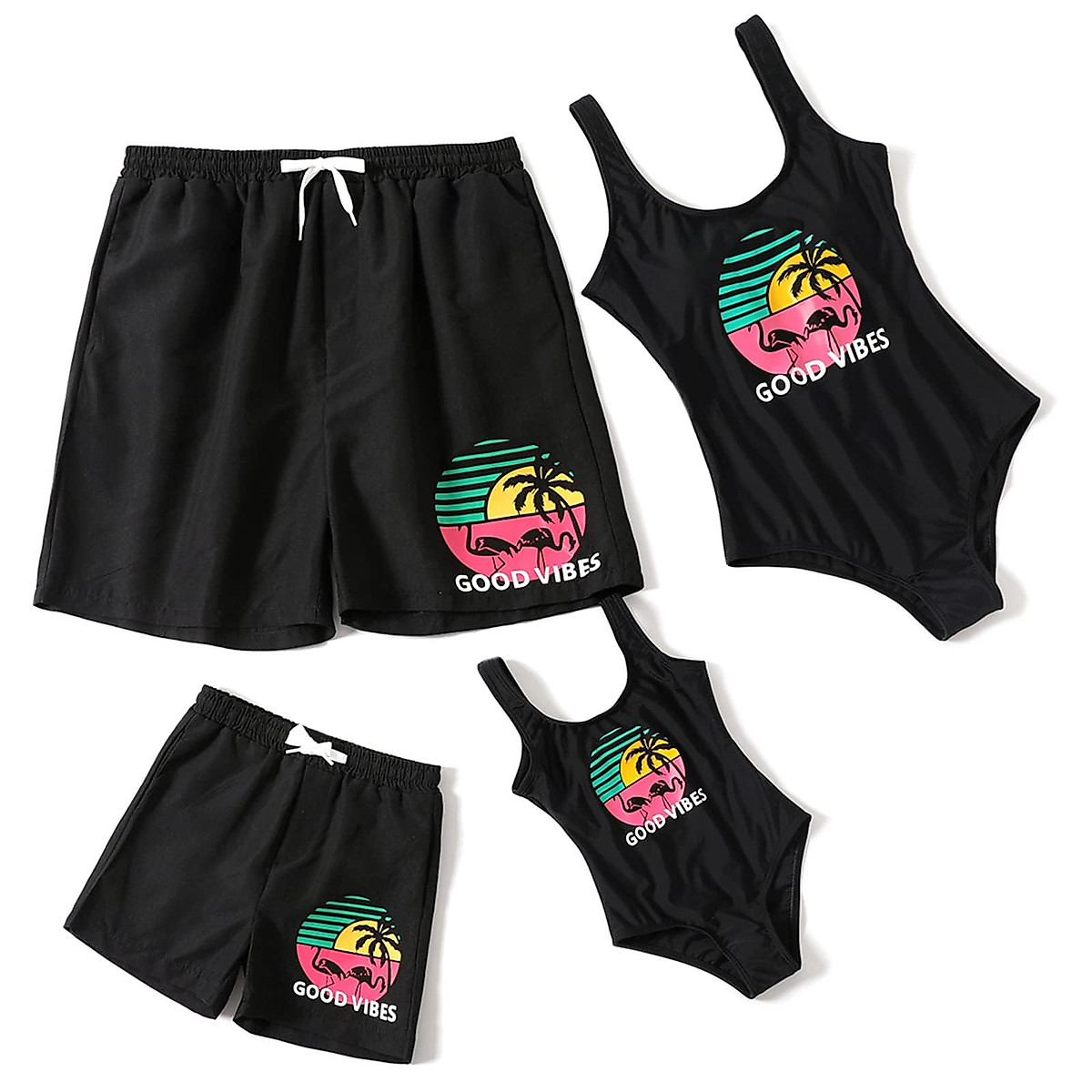 IFFEI Mommy and Me Swimsuits One Piece Good Vibes Printed Family Matching Swimwear Monokini Bathing Beach Wear Black Women: L
