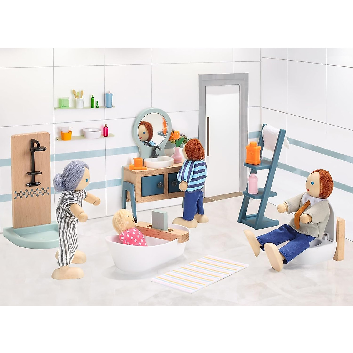 Giant bean 24 PCS Wooden Plastic Dollhouse Furniture Set, Bathroom and Bedroom Set, Wood Dollhouse Accessories Pretend Play Furniture Toys for Boys Girls & Toddlers