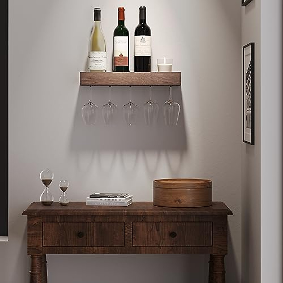 Rustic State Smith Wall Mounted Wine Rack with Cork Opener -Wine Glass Bottle Holder Wood Floating Hanging Wine Shelf Storage Organizer - Home Kitchen Dining Room Bar Décor - Walnut