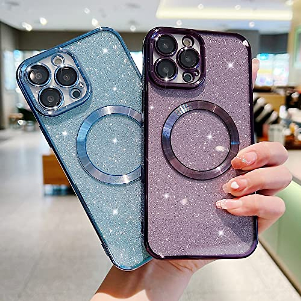 Eiyikof iPhone 12 Pro Max Magnetic Case, Luxury Glitter Bling Clear TPU Cover with Camera Lens Protector - Purple