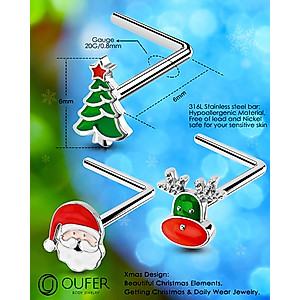 OUFER 20G Nose Studs, Christmas Elements L-Shaped Nose Piercing Jewelry, 316L Stainless Steel Nose Ring Stud, Nostril Piercing Jewelry for Women And Men