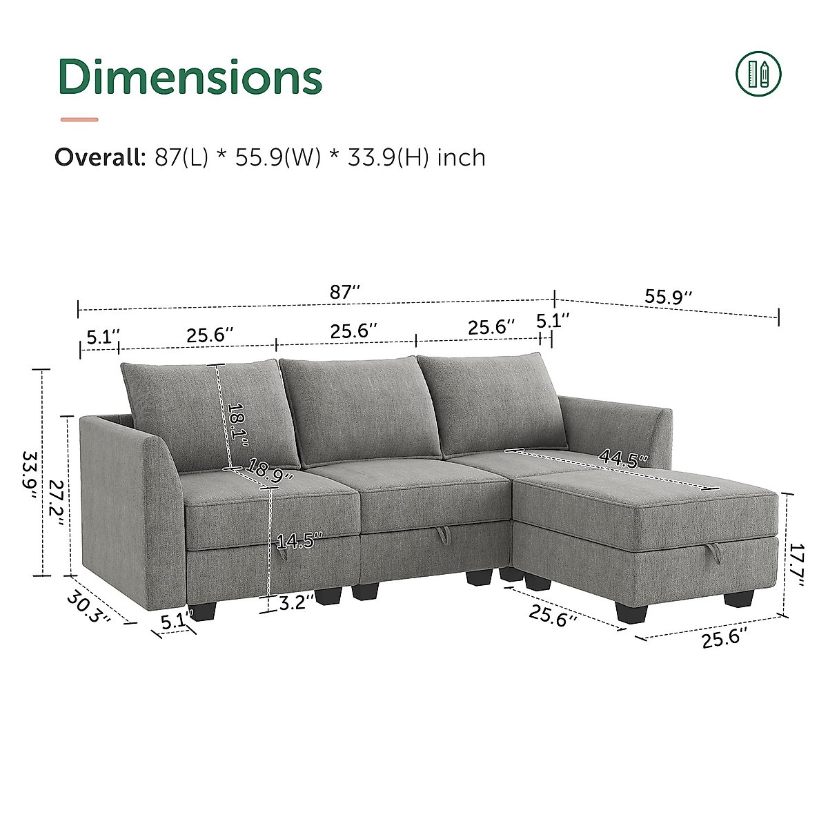 HONBAY Convertible Modular Sectional Sofa L-Shape Sectional Couch with Reversible Chaise Modular Sofa with Storage Seats, Grey
