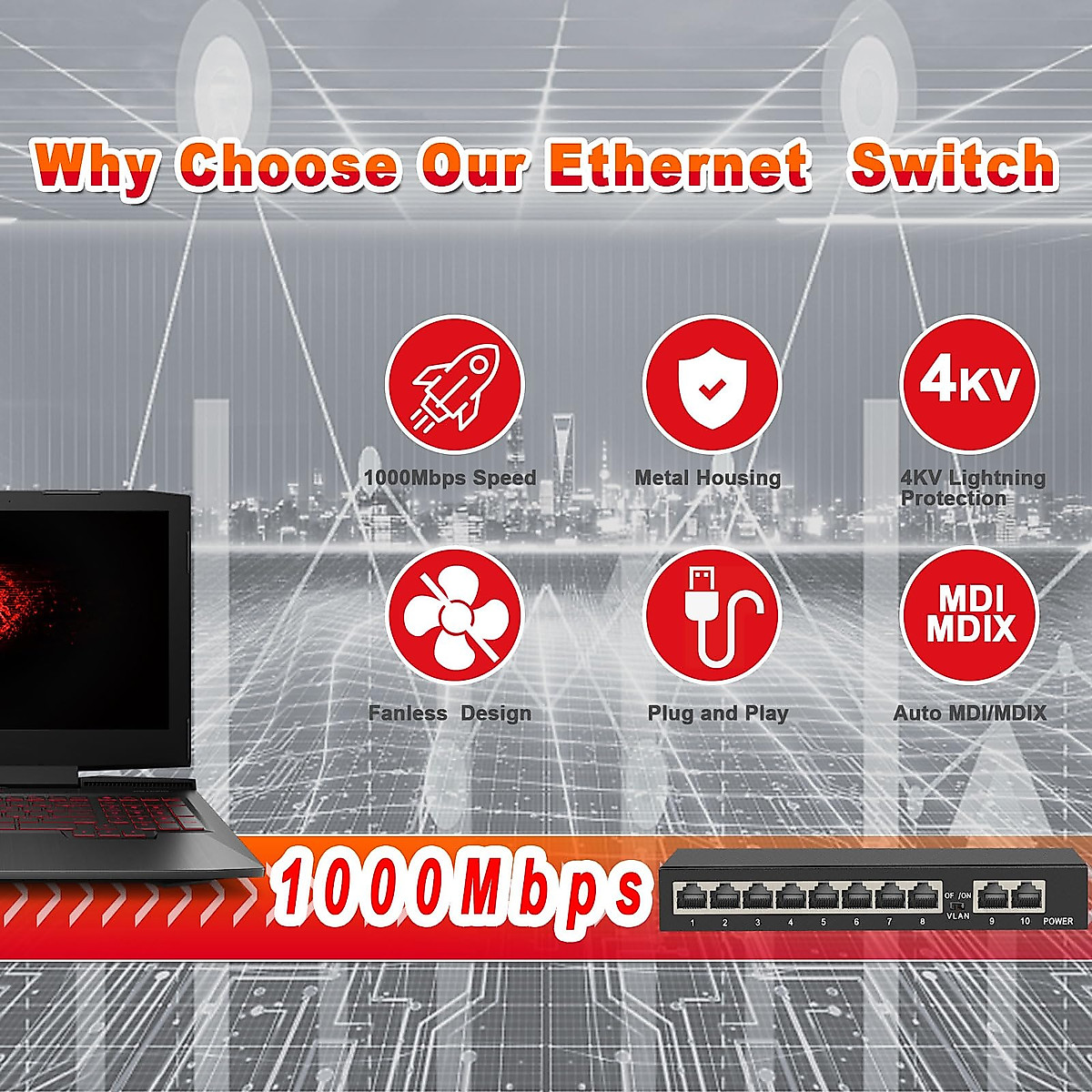 ienRon 10 Port Gigabit Switch, 8 Gigabit Ports + 2 Gigabit Uplink Ports, Unmanaged Ethernet Switch, Internet Switch Network Switch with AI Detection VLAN Mode | Plug and Play| Fanless Metal Design