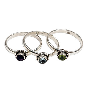 NOVICA Artisan Handmade Multigemstone Stacking Rings Sterling Silver Set of 3 Amethyst Blue Topaz Peridot Green Purple Multicolor Indonesia Modern Birthstone [crownbezel 0.2 in H x 0.2 in Diam. Band ]