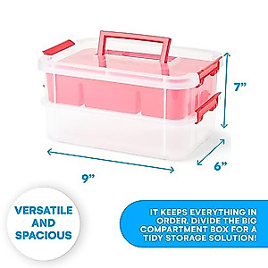 Bins & Things 2 Trays Stackable Storage Organizers Container with Compartments - Arts and Crafts Supply Box - Bead Plastic Organizer - Embroidery Thread Organizing Box - Multi-Divided Holder, Red