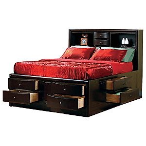 Benjara Wooden California King Size Bed with One Drawers and Two Open Shelves, Brown