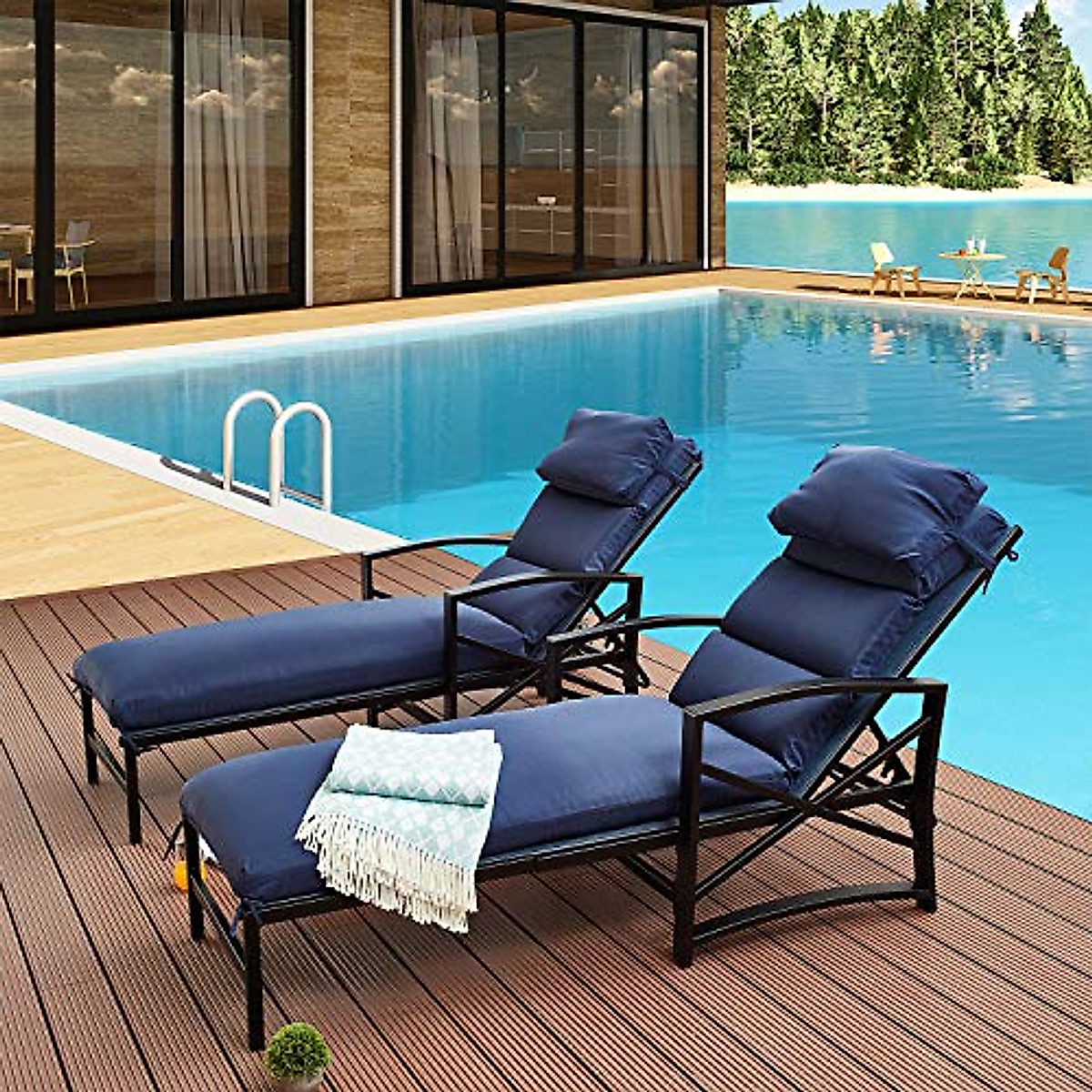 Festival Depot 2 Pieces Patio Outdoor Chaise Lounge Recliner Chairs with Cushions Set Premium Fabric Metal Frame Furniture Garden Bistro Soft Headrests (Blue)
