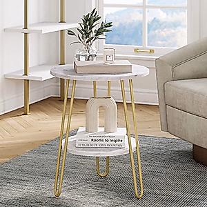 Nathan James Alexis Round Modern Side Accent, End Table with Metal Legs and Faux-Marble Tabletop for Living Bedroom and Nursery Room, 18D x 18W x 22H in, White/Gold