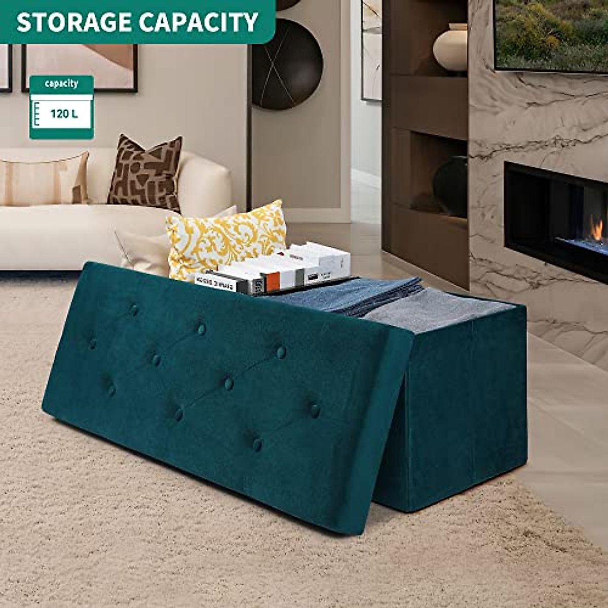 YITAHOME 43 Inches Folding 120L Storage Ottoman Bench, Velvet Footrest with 35mm high Elasticity Sponge seat and Metal Frame for Sturdiness- Holds Upto 680 Lbs (Dark Teal)