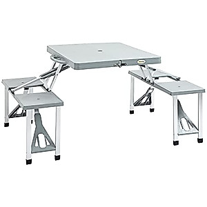 Outsunny Portable Foldable Camping Picnic Table Set with Four Chairs and Umbrella Hole, 4-Seats Aluminum Fold Up Travel Picnic Table, Grey