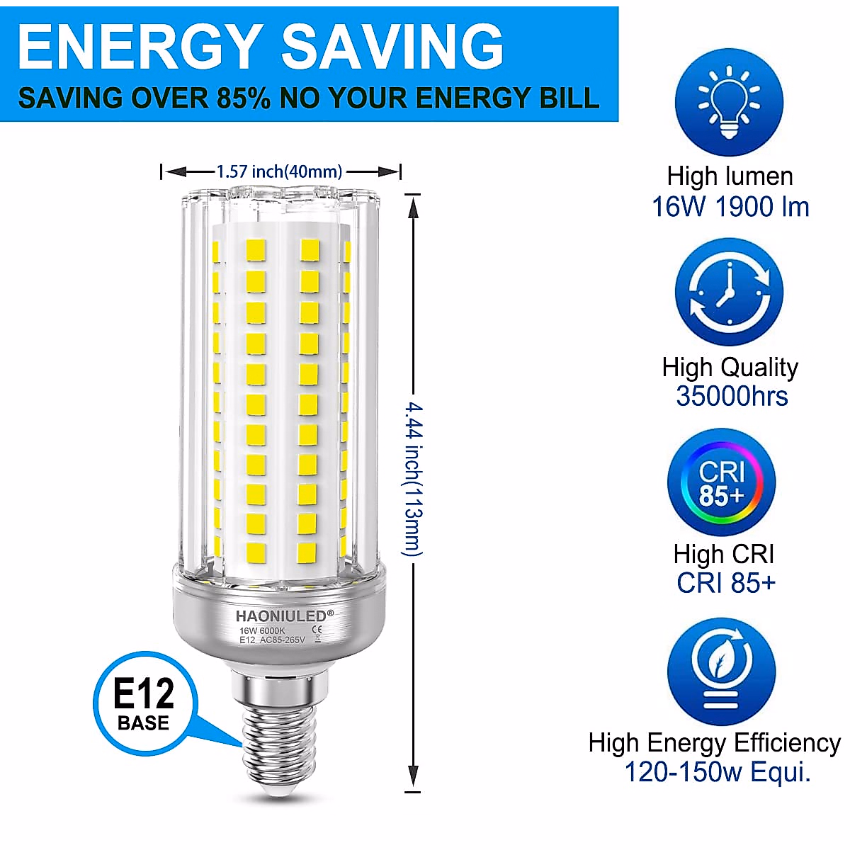 HAONIULED LED Light Bulb E12 Base 16W LED Candelabra Bulb 150 Watt Equivalent, Cool White 6000K 1900 Lumen Non-Dimmable Suitable for Home Indoor attic Corridor Garage Pack of 2