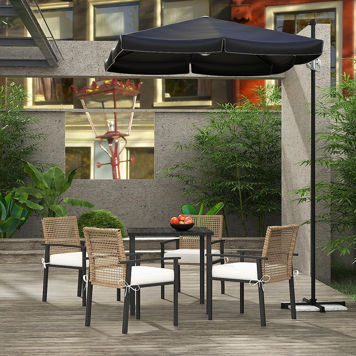 Outsunny 5 Pieces Outdoor Dining Set for 4, Wicker Rattan Patio Furniture Set, Patio Table and Chairs Set with Cushions, Square Metal Table Top, Conversation Set for Garden, Backyard, Deck, Beige
