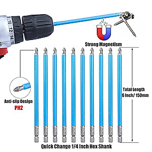 Yakamoz 10Pcs 6-Inch Long Phillips Screwdriver Bit Set Magnetic Ph2 Impact Driver Bits #2 Phillips Bits with 1/4" Hex Shank for Impact Drill