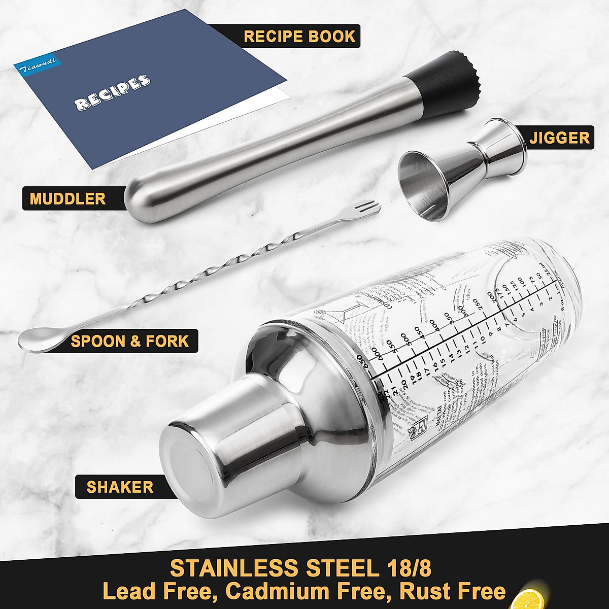 Tiawudi 23oz Glass Cocktail Shaker Set, 4PCS Bartender Kit, Martini Mixer Shaker with Built-in Strainer, Measuring Jigger, Cocktail Muddler & Mixing Spoon, Bar Tool Set for Bartender and Home Use