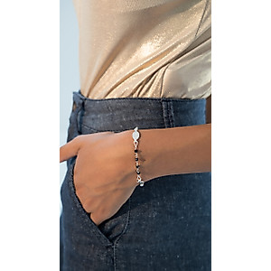 Miabella 925 Sterling Silver Italian Natural Black Spinel Rosary Cross Charm Bead Bracelet for Women, Adjustable Link Chain, Handmade in Italy (Length 6 to 7 Inch)