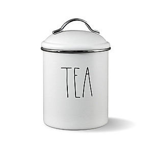 Rae Dunn Tin Tea Canister, Storage Tin with Lid and Elongated Writing