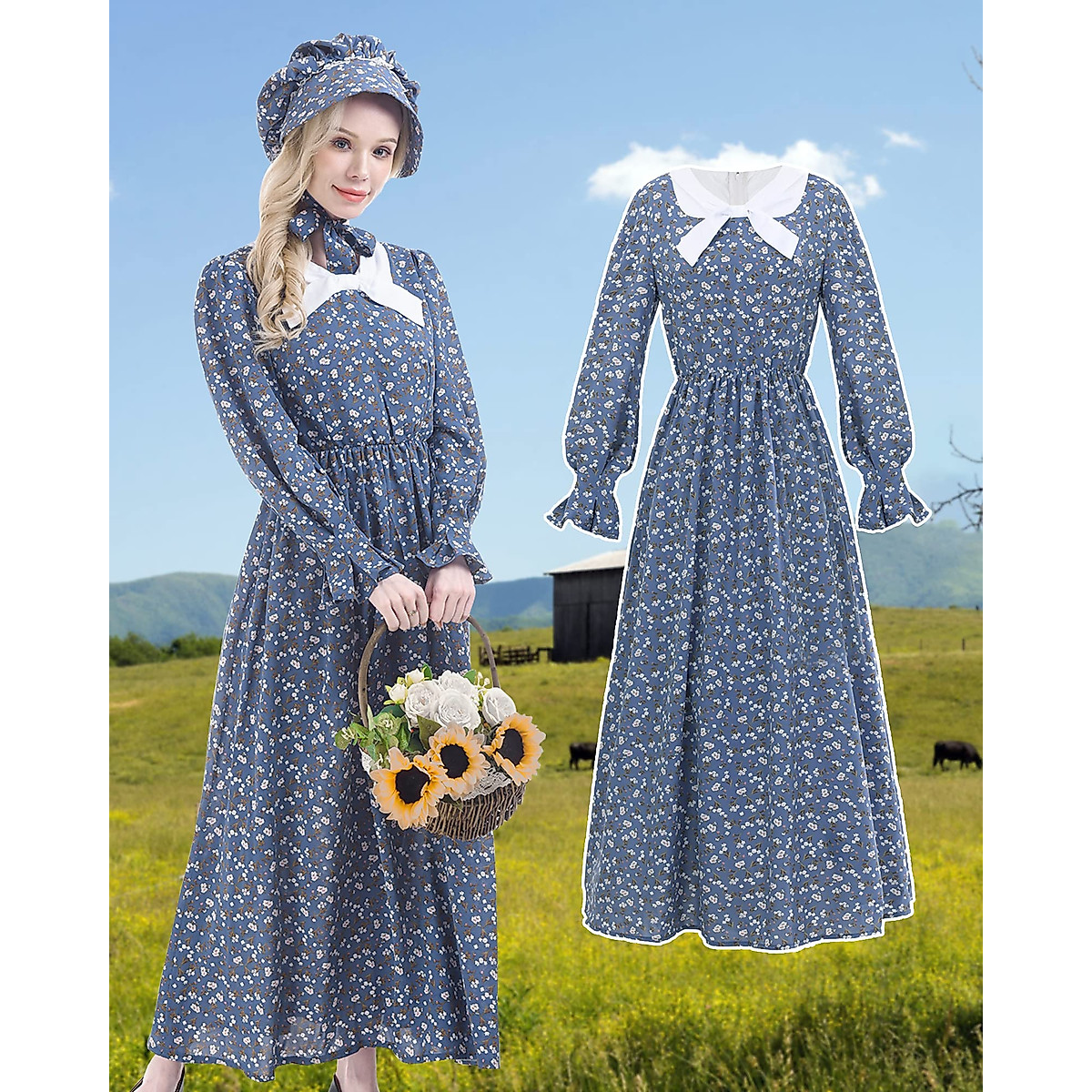 NSPSTT Women's Colonial 1800s Prairie Pioneer Costumes Dress, Blue, Large