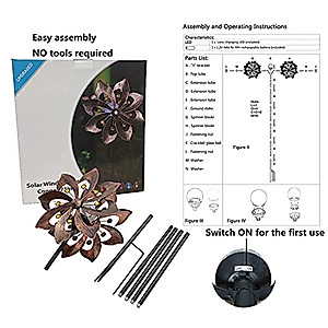 TOMBABY Solar Copper Wind Spinner with Glass Ball Color Changing LED Lighting with Kinetic Wind Mill Dual Direction for Patio Lawn Garden Holiday Decoration