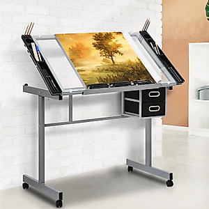 Magshion Drafting Table Artist Desk with Adjustable 65° Tilting Clear Glass Tabletop, Portable Art Desk with 2 Storage Drawers and 2 Lockable Rolling Casters for Artists Painters Student (Clear)