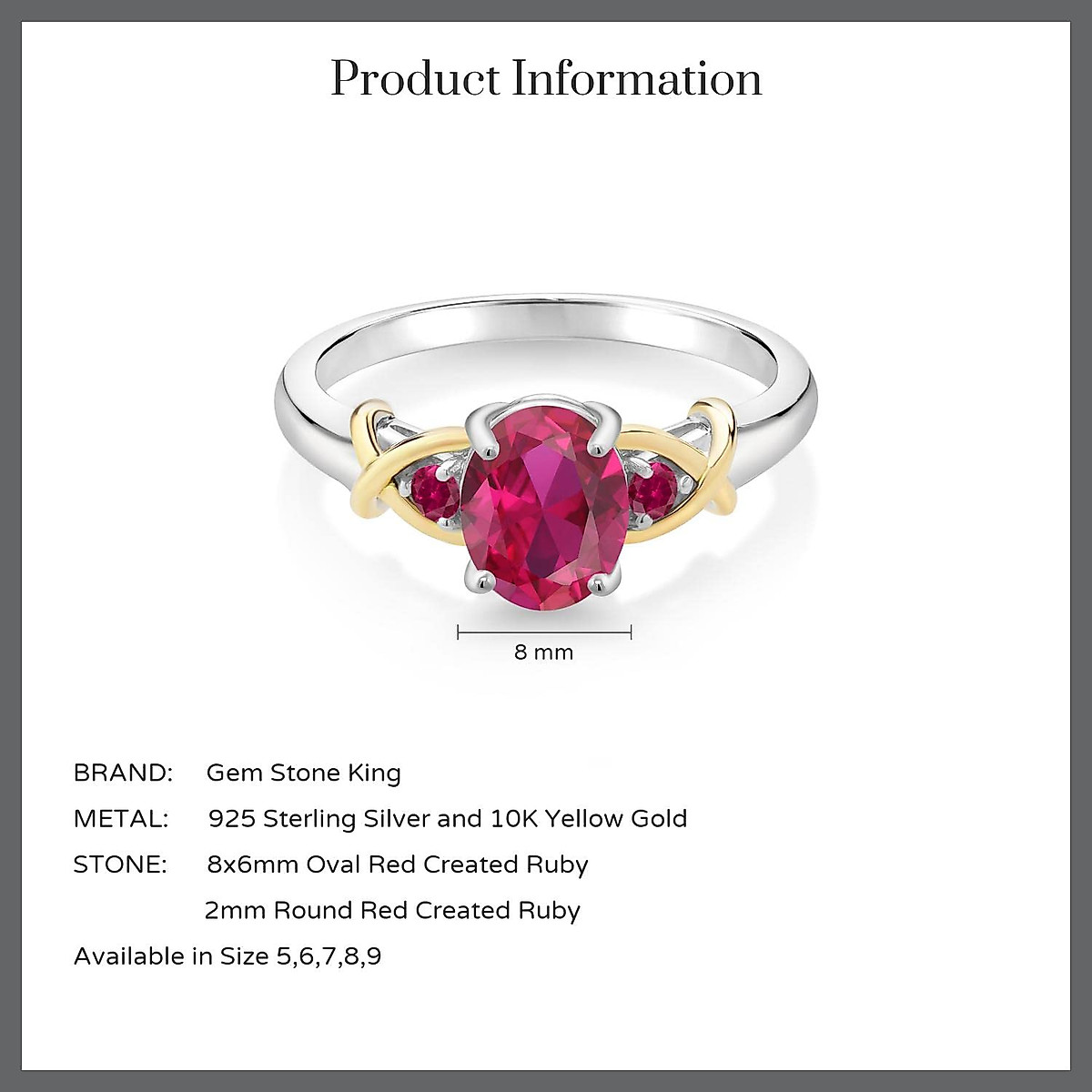 Gem Stone King 2 Tone 925 Sterling Silver and 10K Yellow Gold Oval Red Created Ruby Ring For Women (1.45 Cttw, Available In Size 5, 6, 7, 8, 9)