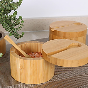 HTB Bamboo Salt Cellar Set with Spoon, Kitchen Spice Containers with Magnetic Swivel Lids, 2 Seasoning Containers Set Engraved with S and P