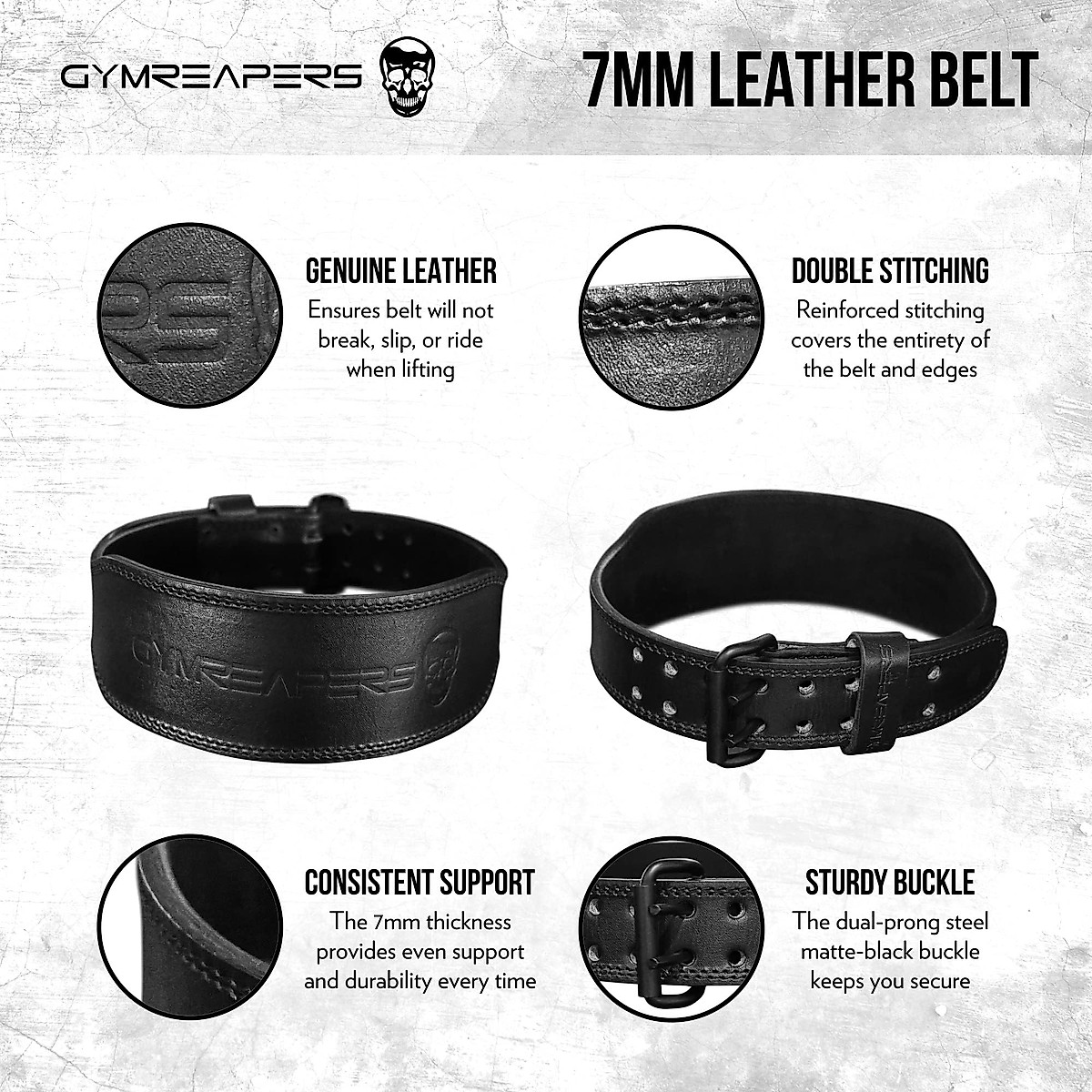 Gymreapers Weight Lifting Belt - 7MM Heavy Duty Pro Leather Belt with Adjustable Buckle - Stabilizing Lower Back Support 4 Inches Wide For Weightlifting, Bodybuilding, Cross Training (Black, Large)