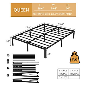 NEW JETO Simple and Atmospheric Metal PlatformStorage Space Under The Bed Heavy Duty Frame Bed, Sturdy Queen Size Bed Frame, 16 Inch, Queen