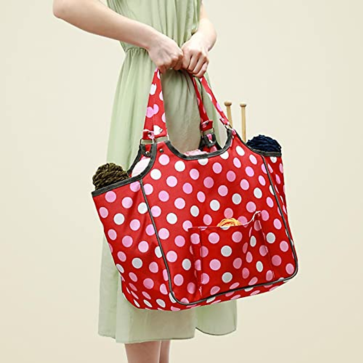 Colaxi Yarn Storage Bag Red Polka dots Print Wool Yarn Knitting Sewing Tools Tote Handbag Weaving Crochet Hooks nedles Travel Organizer