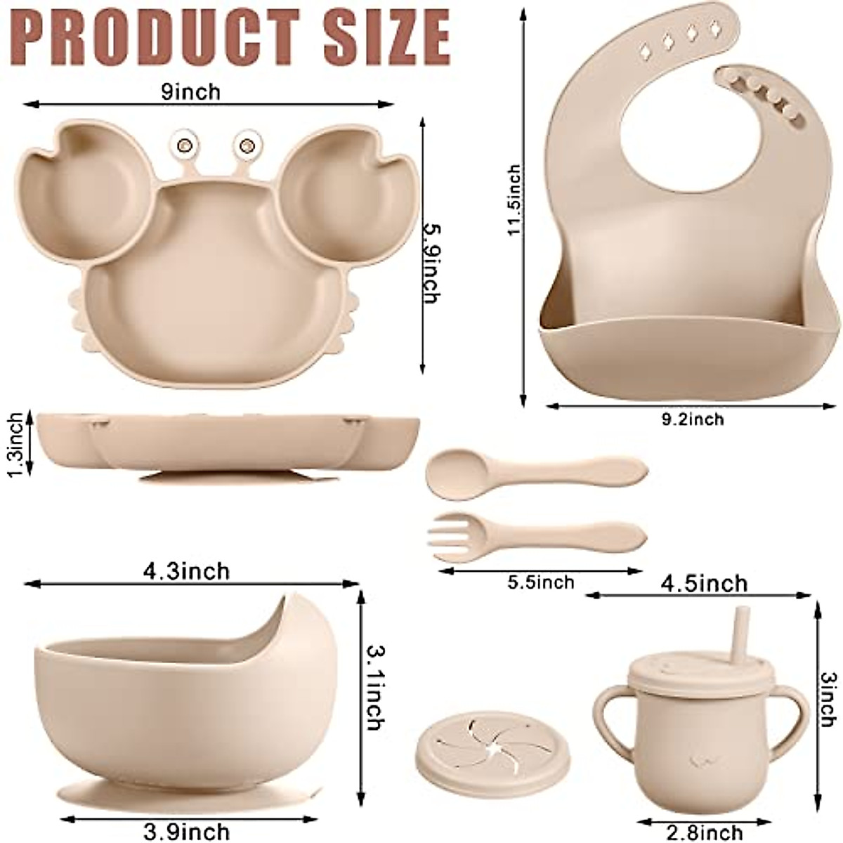 14 Pcs Baby Feeding Set Silicone Baby Led Weaning Feeding Supplies, Suction Bowl Crab Shape Divided Plate Adjustable Bib Soft Spoon Fork Snack Cup with Lid Drinking Cup, Toddlers Self Eating Utensil