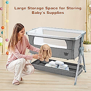 BABY JOY Bedside Bassinet, Portable Baby Crib w/Mattress, Two-Side Breathable Mesh, 7 Height Adjustable, Large Storage, Wheels for Easy Movement, Crib for Newborn Infant, Bassinet for Baby, Grey