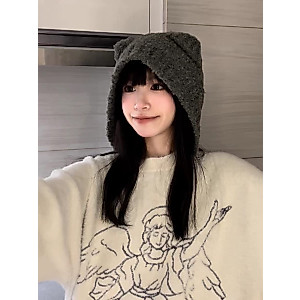 Fairy Grunge Beanie Y2K Bear Ears Hat Crochet Slouchy Hat Winter Warm Knitted Alt Headwear Accessories (Gray,54-58cm)