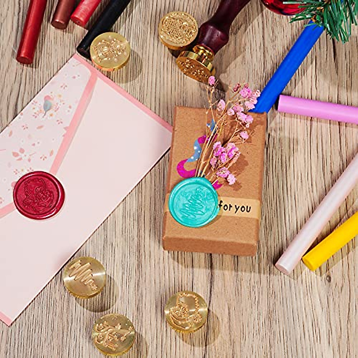 Christmas Wax Seal Stamp Set - 6 Pcs Brass Head with Wooden Hilt - Merry Christmas Santa Vintage Envelope Wax Copper Seal Stamp Kit with Gift Box for Holiday Wedding Invitations Postcards Scrapbook