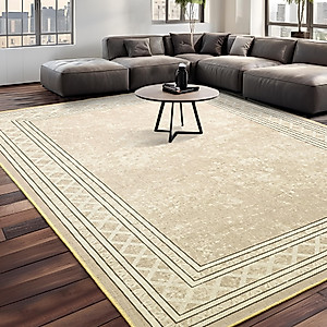 Tepook Modern Bordered 4x6 Area Rugs for Bedroom Aesthetic, Indoor Machine Washable Rugs for Living Room, Low Pile Throw Rugs with Rubber Backing for Office Dining Room Kitchen, Beige