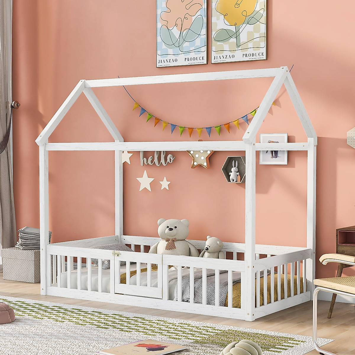 Twin Bed Frames with Fence and Door Roof, Pine House Shaped Montessori Floor Mattress Foundation for Kids Girls Boys