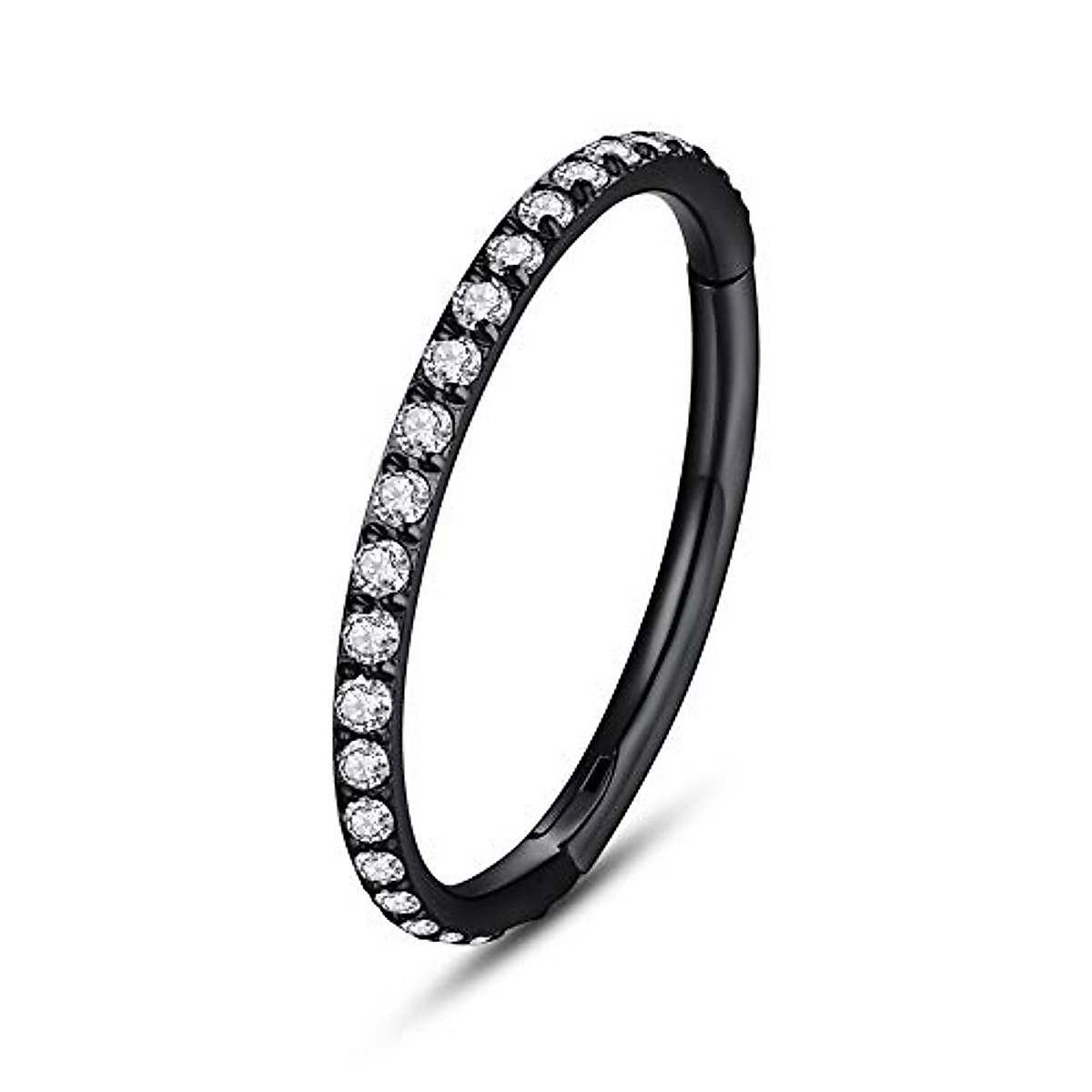 WBRWP 316L Stainless-Steel Hinged Nose Rings Hoop : Womens and Mens Ear Pierecing Ring with Zircon 20G(0.8mm) Septum Clicker Helix Cartilage Hoop Diameter 8mm, Black Color