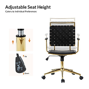 HULALA HOME Faux Leather Woven Office Desk Chair, Adjustable Swivel Task Chair with Padded Arms and Golden Legs, Modern Rattan Upholstered Computer Chair, Black
