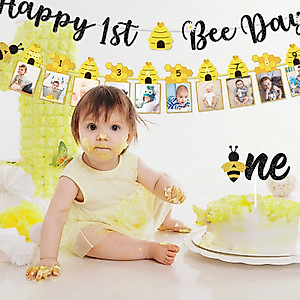 3 Pcs Happy 1st Bee Day Party Decorations, Bumble Honey Bee 1st Birthday Baby Photo Banner and Cake Topper, Bee Decorations Bee Birthday Party Decorations Bee Cake Decorations for Boys Girls Newborn