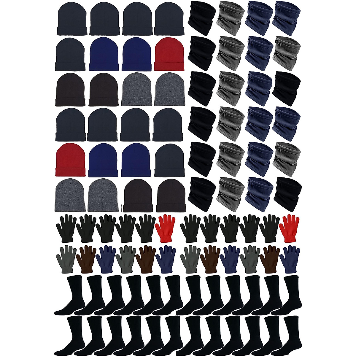 96x Winter Gloves, Beanies, Crew Socks, Neck Warmers Donation Charity Care Bulk Bundle (24 Beanies / 24 Pairs Gloves / 24 Neck Gaiters / 24 Pairs Crew Socks(Black))
