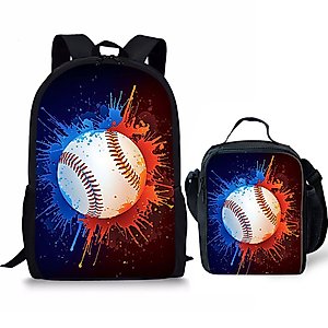 FOR U DESIGNS School Backpack Set Canvas Teen Boys Bookbags 14" Laptop Backpack Kids Lunch Tote Bag Baseball Painting
