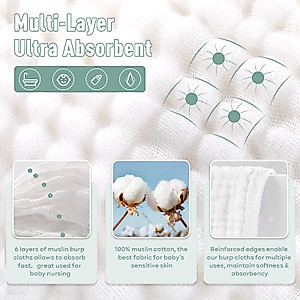 Yoofoss Muslin Burp Cloths 6 Pack Baby Washcloths Large 20''X10'' 100% Cotton 6 Layers Super Soft and Absorbent - White