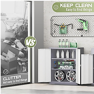 SUNCROWN Metal Storage Cabinets, 42”Locking Cabinet with Doors and Adjustable Shelves, Steel Utility Tool Garage Cabinets for Home, Office, Kitchen,Warehouse （Grey & White）