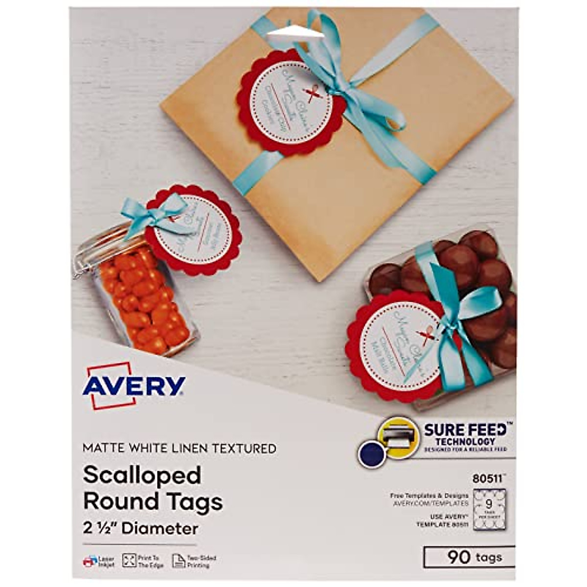 Avery Printable Blank Scallop Round Gift Tags with Sure Feed, 2.5" Diameter, Textured White, 90 Customizable Tags (80511)