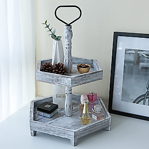 Two Tiered Tray White Farmhouse Decor Trays, Wood Fall Kitchen Decor Tray, 2 Tier Trays Wood Cake Stand Country Decor Tiered Serving Tray Wooden Festival Decorative Tray 19"x15"