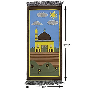 Modefa Turkish Islamic Prayer Rug - Thin Praying Carpet for Boys and Girls - Small Child Size Muslim Prayer Mat for Young Kids - Ramadan or Eid Gift - Floral Masjid & Kaba (Floral Masjid - Brown/Blue)