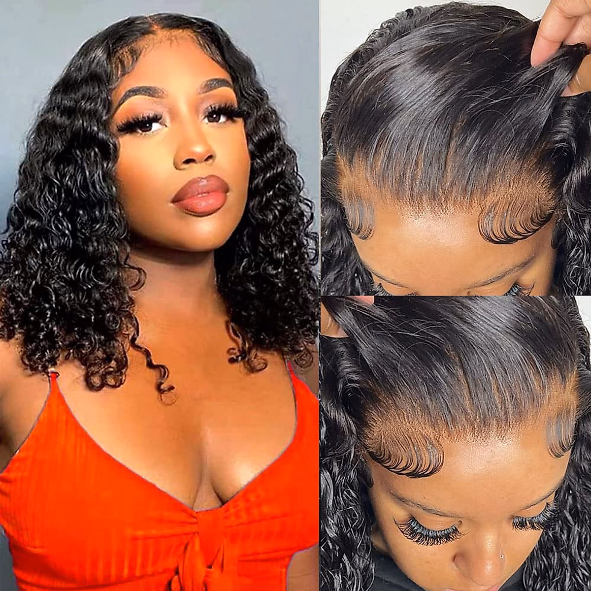 Arrebol 14 Inch Closure Bob Wig Human Hair Water Wave Closure Wigs for Black Women 4x4 Short Curly Bob Wigs Human Hair Pre Plucked with Baby Hair 150% Density Natural Color (14 Inch)