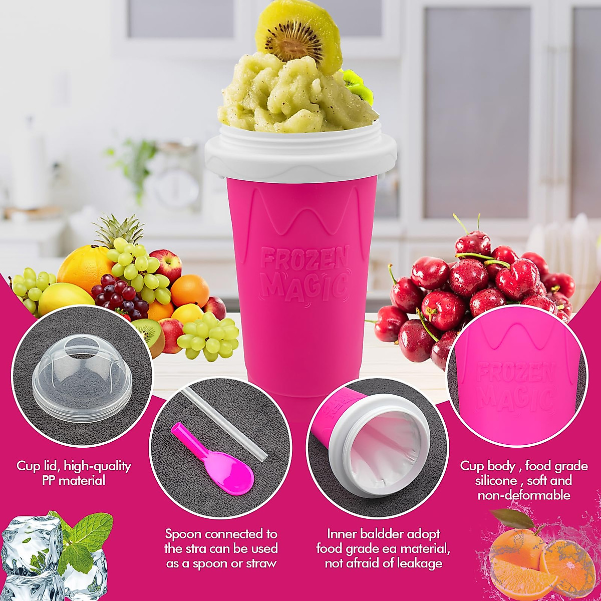 Slushie Maker Cup - DIY Magic Slushy Maker Squeeze Cup for Homemade Milk Shake Ice Cream Maker, Portable Smoothie Squeeze Cup for Juices and Milk, Birthday Gifts for Friends&Family(Pink)