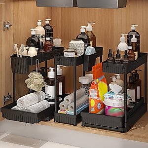 Sevenblue 3 Pack Under Sink Organizers and Storage L-Shaped, 2 Tier Sliding Bathroom Organizers and Storage with Hooks Hanging Cup, Multi-purpose Cabinet Organizers for Kitchen Bathroom, Black