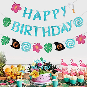 Moana Happy Birthday Banner and Moana Birthday Cake Topper for Moana Birthday Party Decorations Hawaiian Birthday Banner for Tropical Luau Summer Birthday Party Baby Shower Decor
